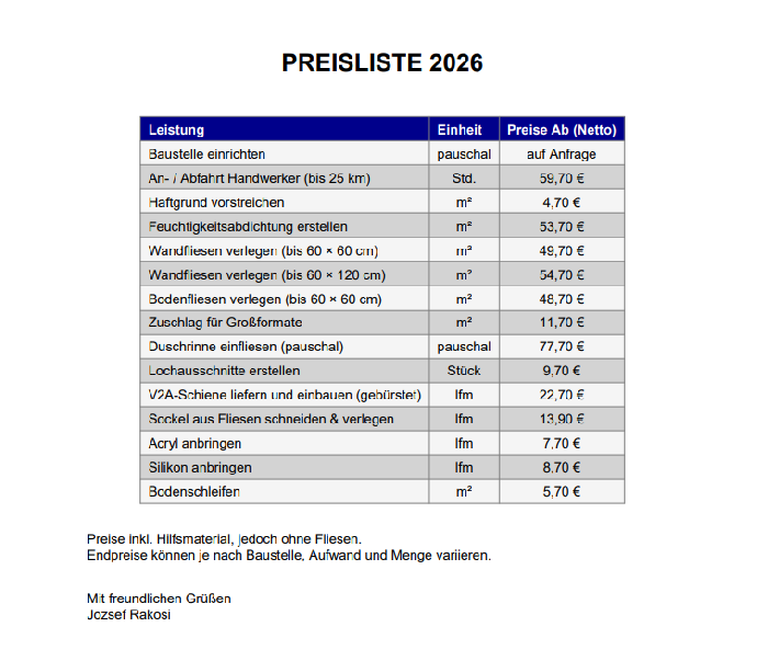 Fliesenleger Preise Qm